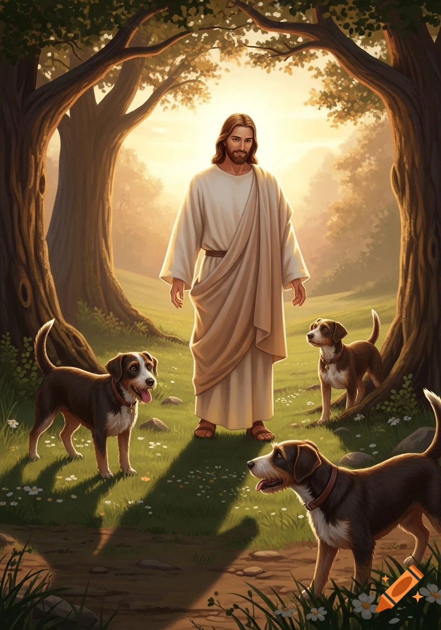 An illustrated painting of Jesus in white robes standing in a sunlit ...