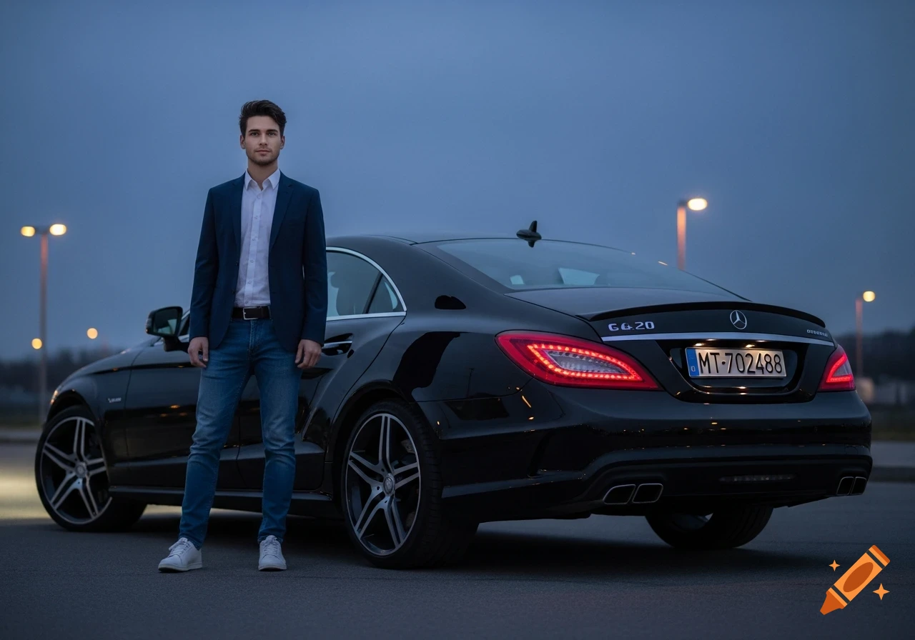 A man in a blue suit jacket and jeans stands next to a black Mercedes ...