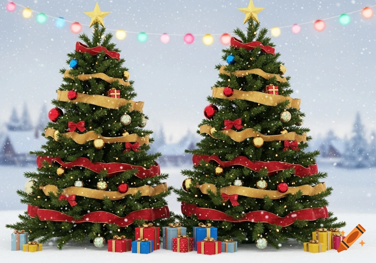 Two decorated Christmas trees with presents at their bases, set against ...