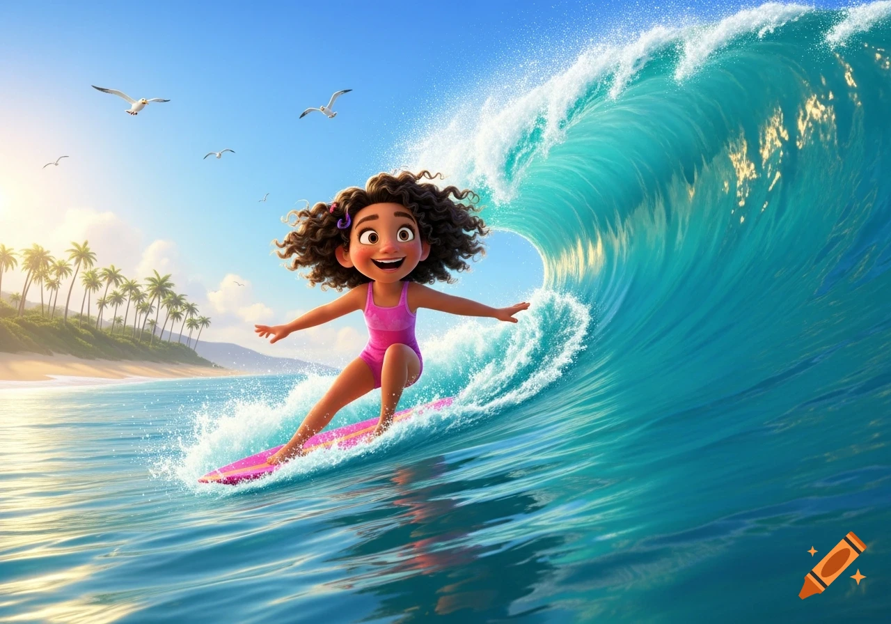 Smiling Pixar-style cartoon girl with curly hair surfs a large ocean ...