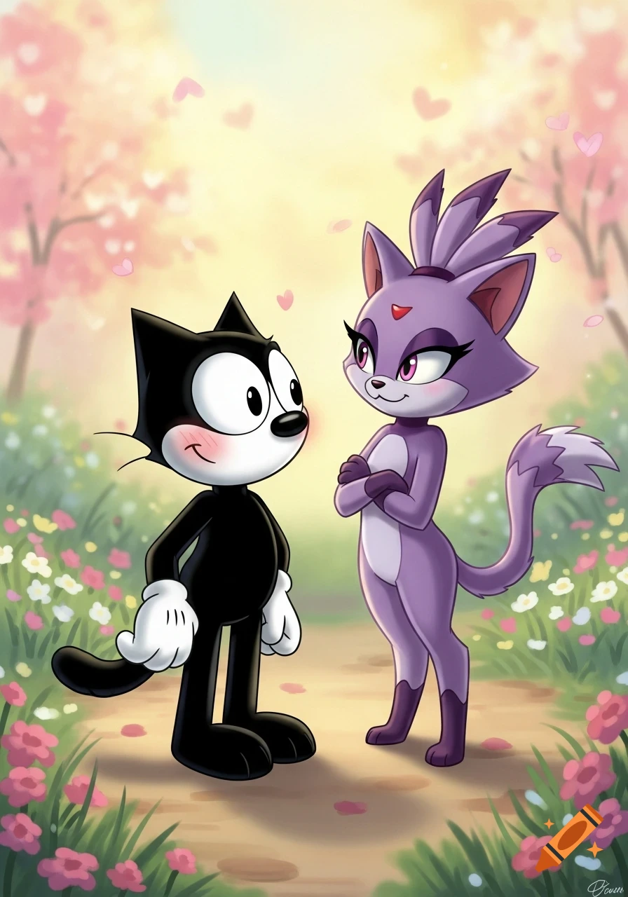 Felix the Cat and Blaze the Cat stand blushing on a flower-lined path ...