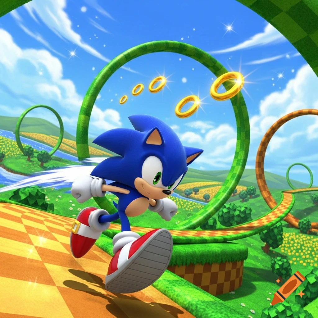 Sonic the Hedgehog running on a checkered path in a vibrant green ...