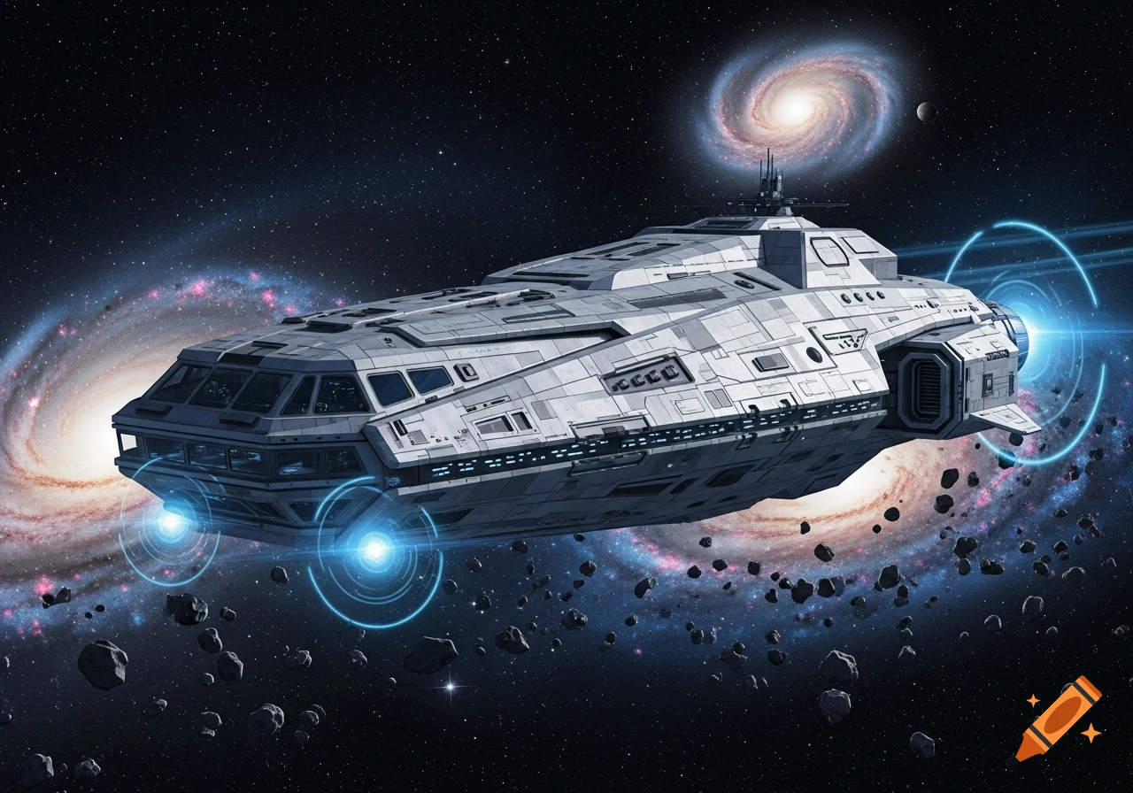 A detailed grey spaceship with glowing blue thrusters flies through ...