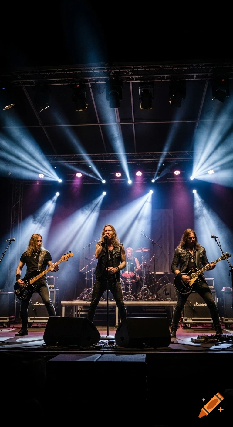 A metal band performing live on a dark stage, illuminated by bright ...