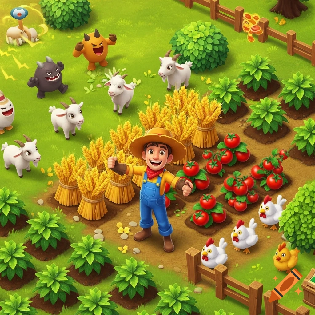 A smiling cartoon farmer stands in a vibrant isometric farm with wheat ...