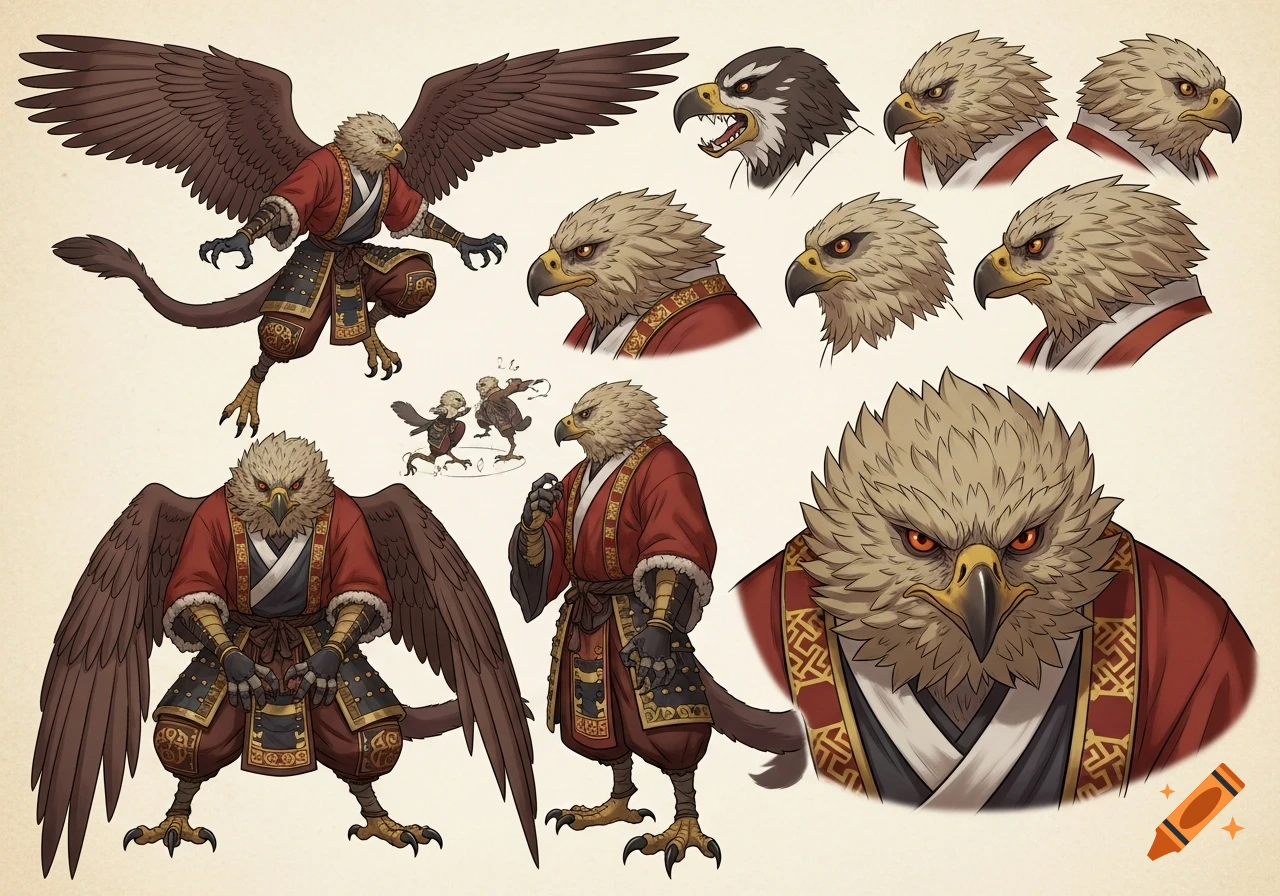 Character design sheet of a bird-headed Tengu creature in red and gold ...