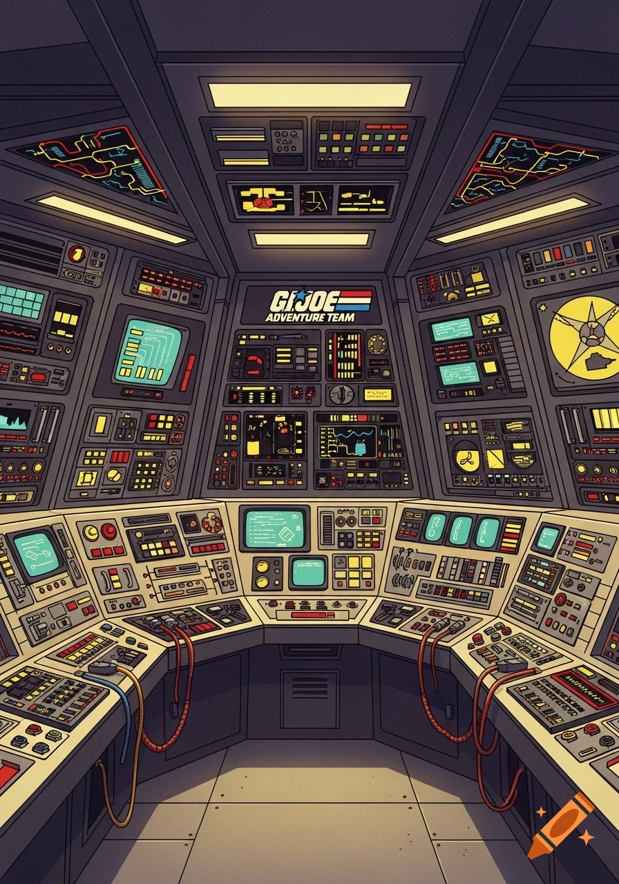 A colorful 2D cartoon illustration of the GI Joe Adventure Team control ...