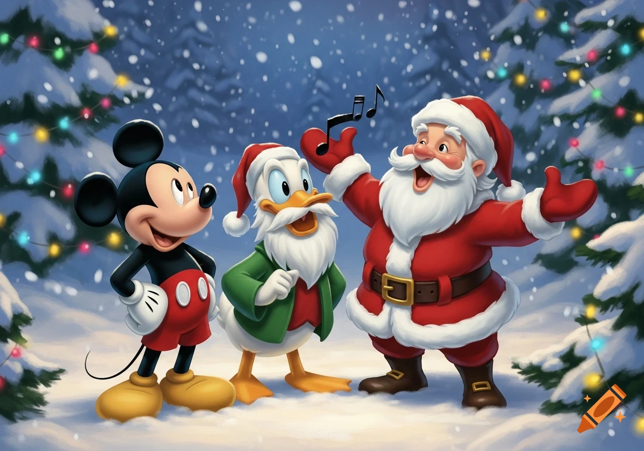 Mickey Mouse, a bearded Donald Duck, and Santa Claus sing together in a ...