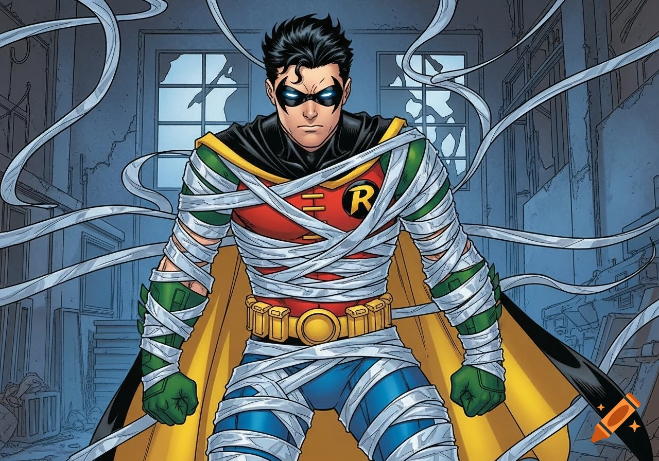 Comic book illustration of Robin bound in strips of cloth, wearing his ...