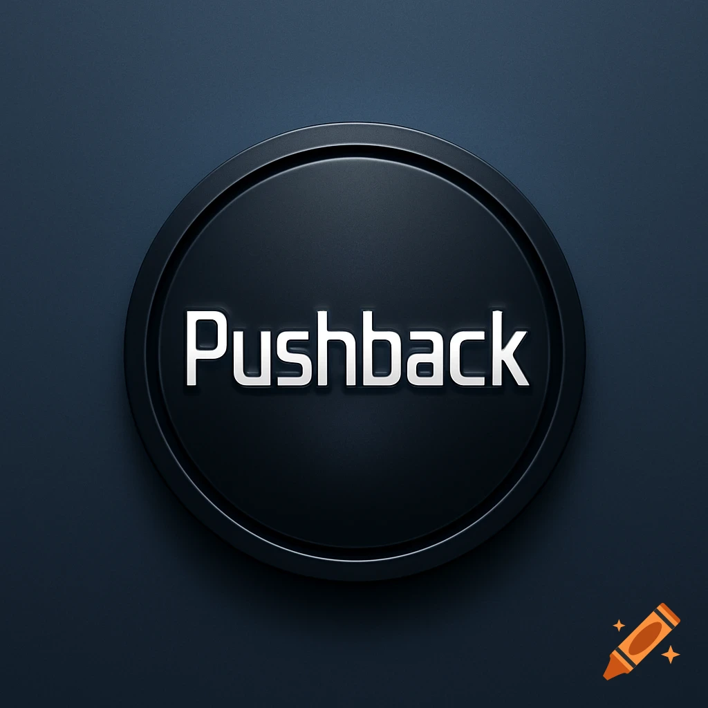 A dark gray circular button with the word "Pushback" in white, metallic ...