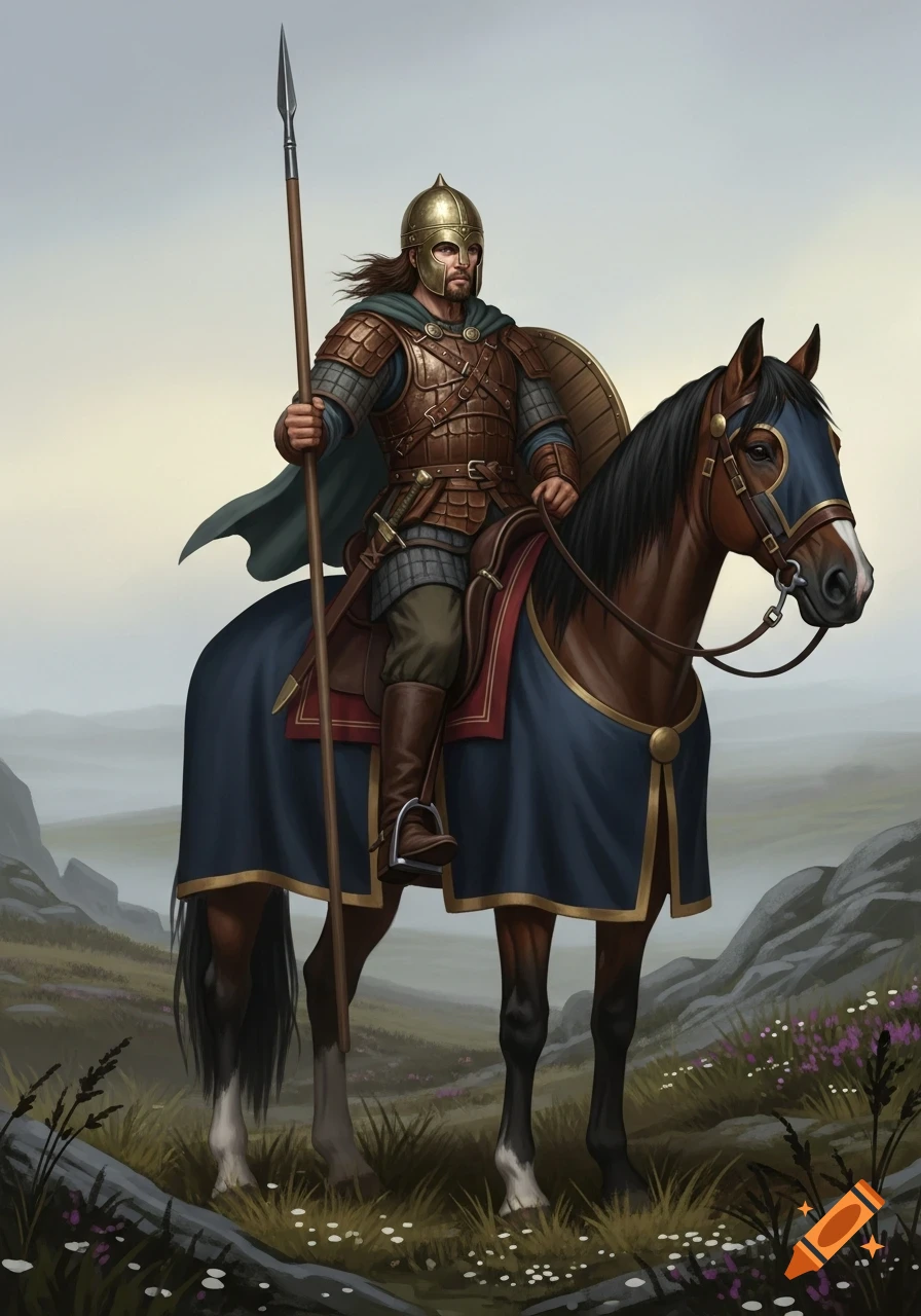 A Brythonic warrior in golden helmet and leather armor sits on a brown ...