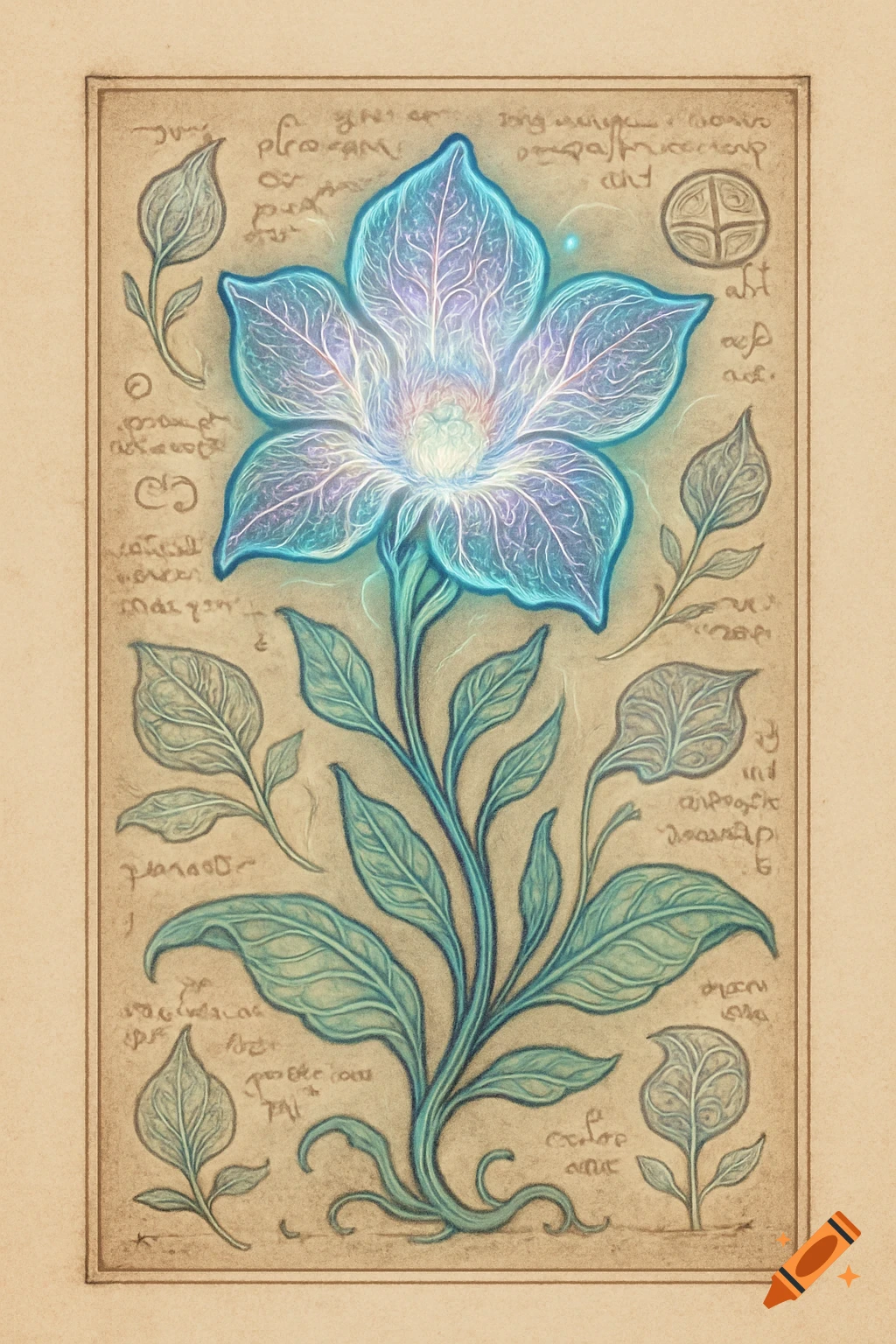 A glowing blue and purple fantasy flower with intricate patterns on a ...