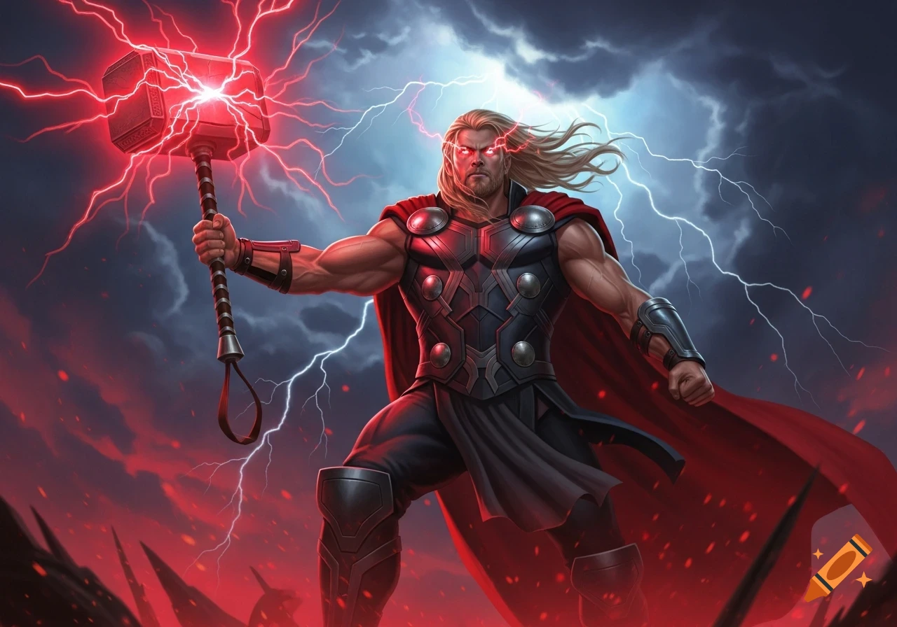 Muscular Thor with a red cape and blonde hair wields his glowing red ...
