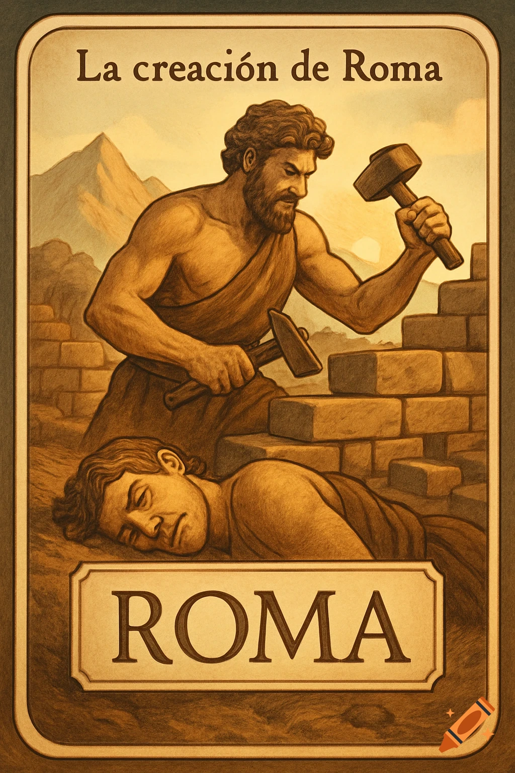 An old-fashioned illustration of Romulus building Rome with hammers ...