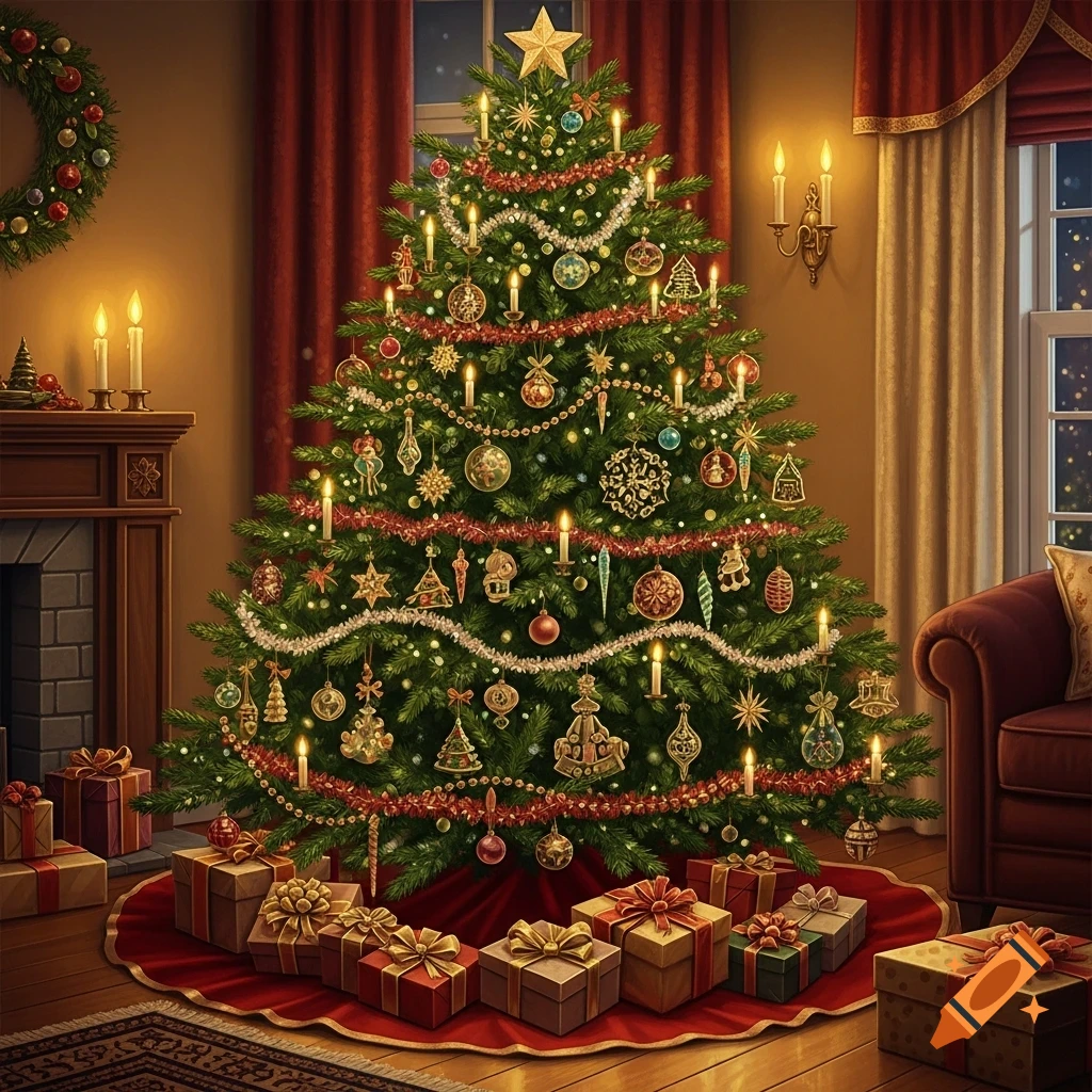 A beautifully decorated Christmas tree, adorned with lights, ornaments ...