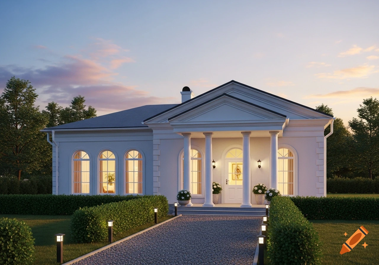 A grand white neoclassical house with a portico, gravel driveway, and ...
