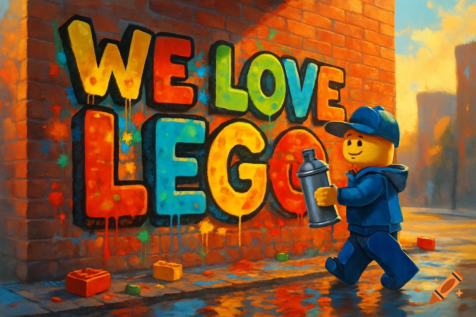 A Lego minifigure in a blue hoodie and cap spray paints "WE LOVE LEGO ...