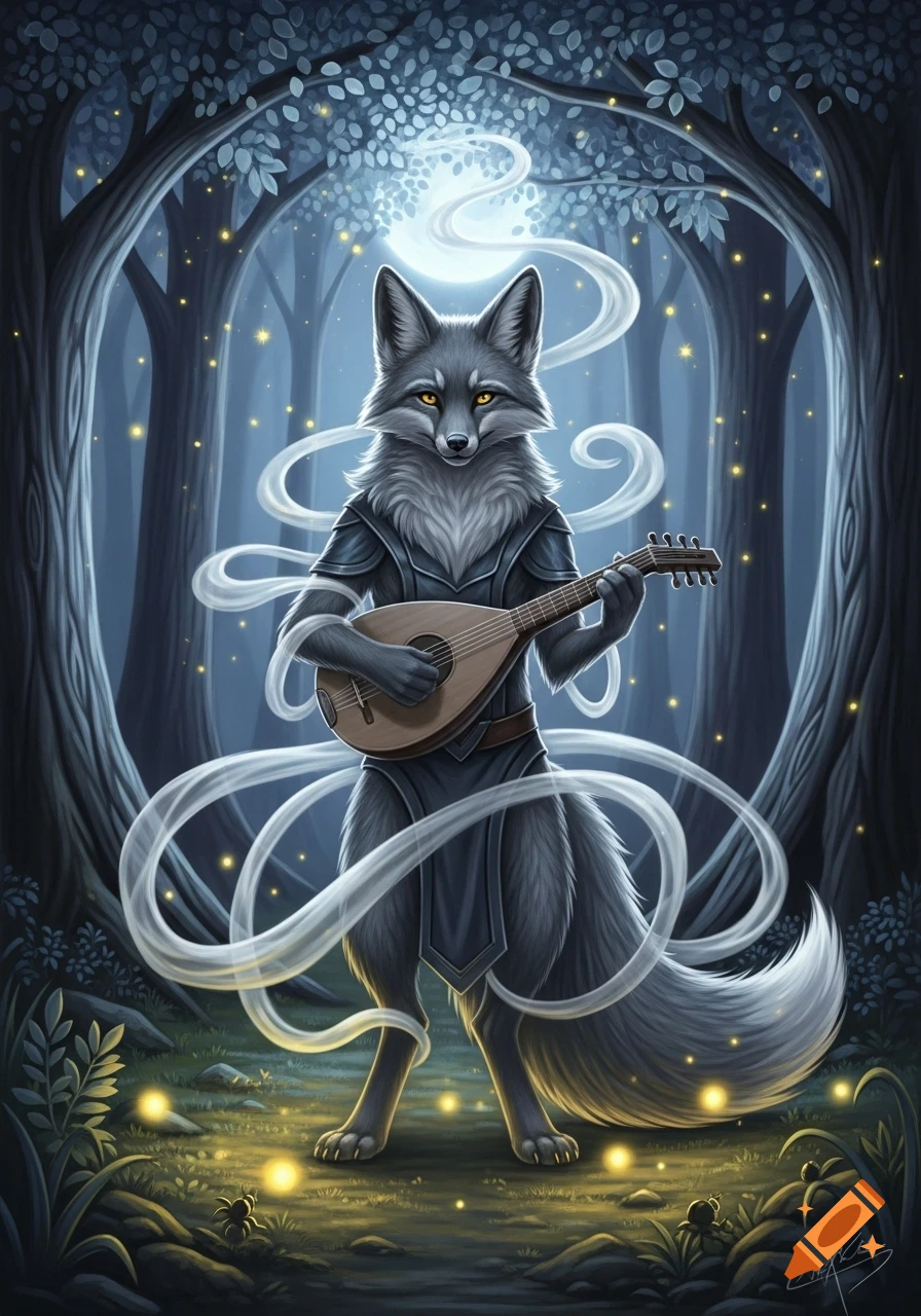 A grey anthropomorphic fox bard plays a lute in a mystical forest ...