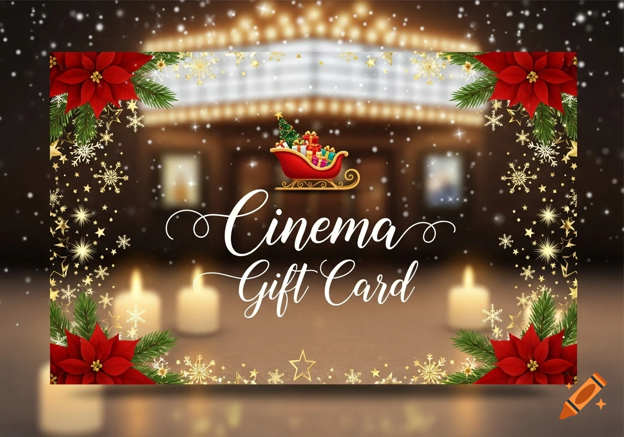 A festive Christmas cinema gift card with a blurred movie theater ...