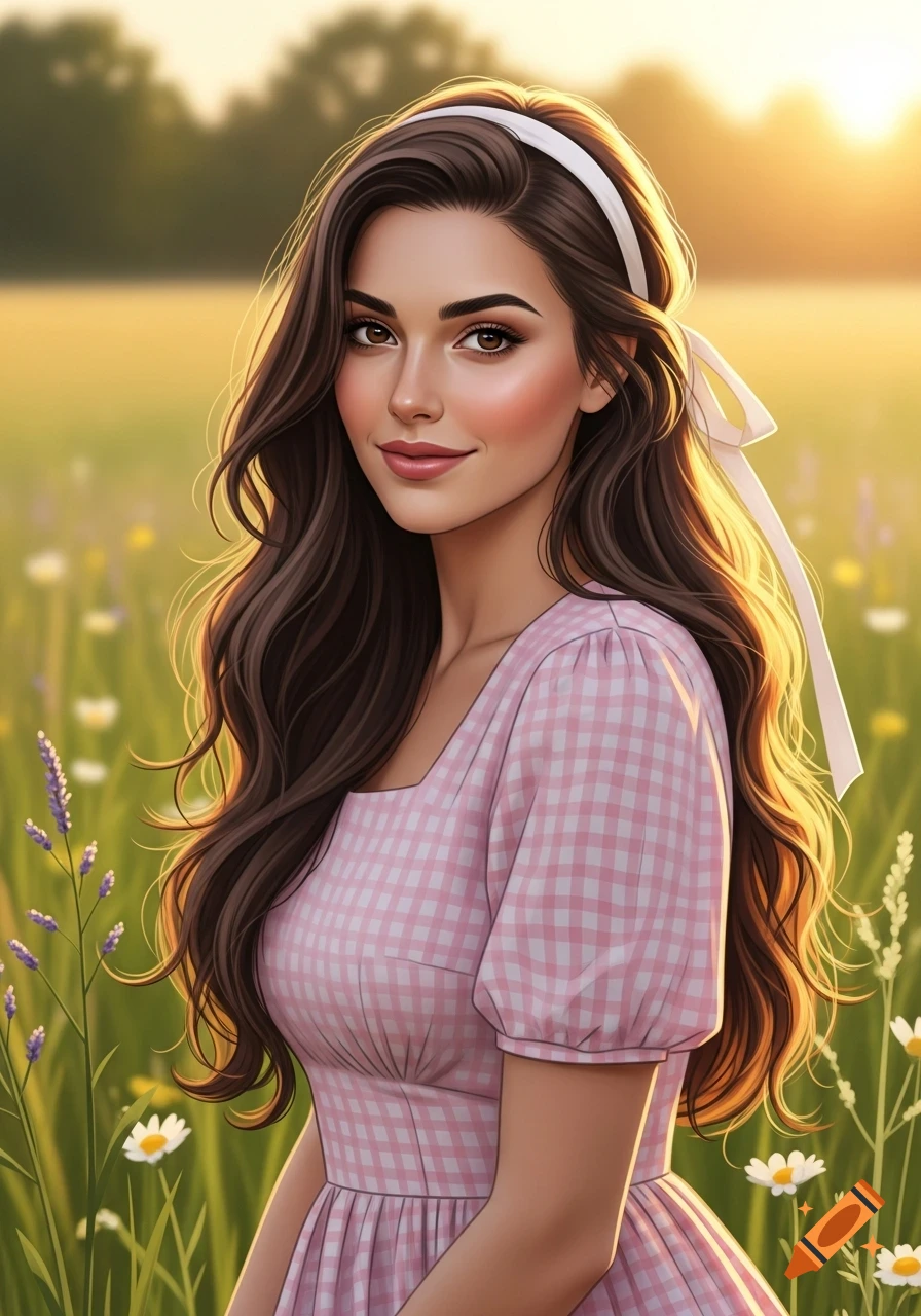 Digital art portrait of a smiling woman with long brown hair, white ...