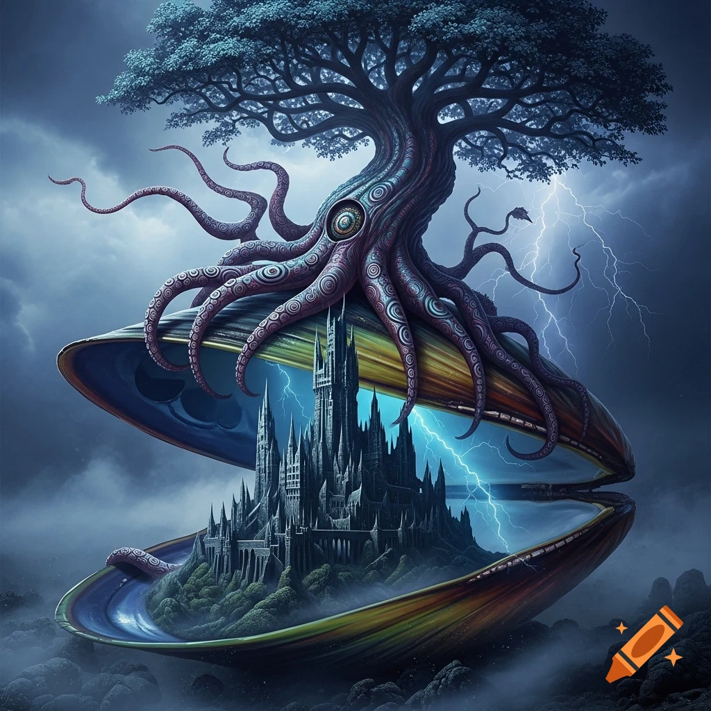 A dark fantasy art depicts a tree with ornate squid-like roots on a ...
