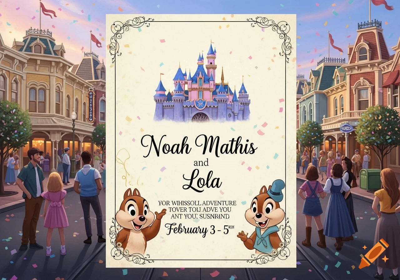 A Disney-themed invitation card features Cinderella's castle, Chip and Dale, names 'Noah Mathis ...