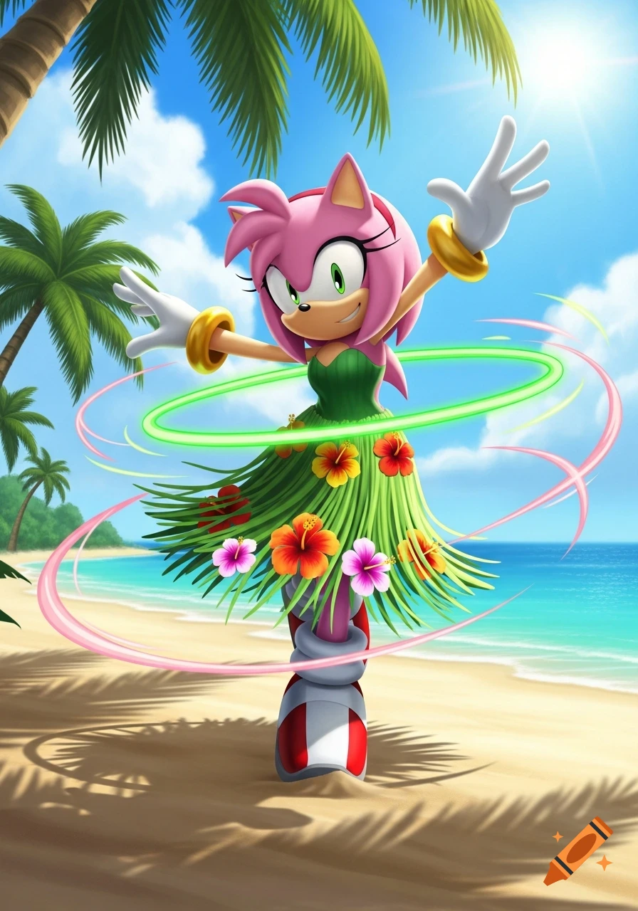 Amy Rose hula dancing on a tropical beach, wearing a green hula dress ...