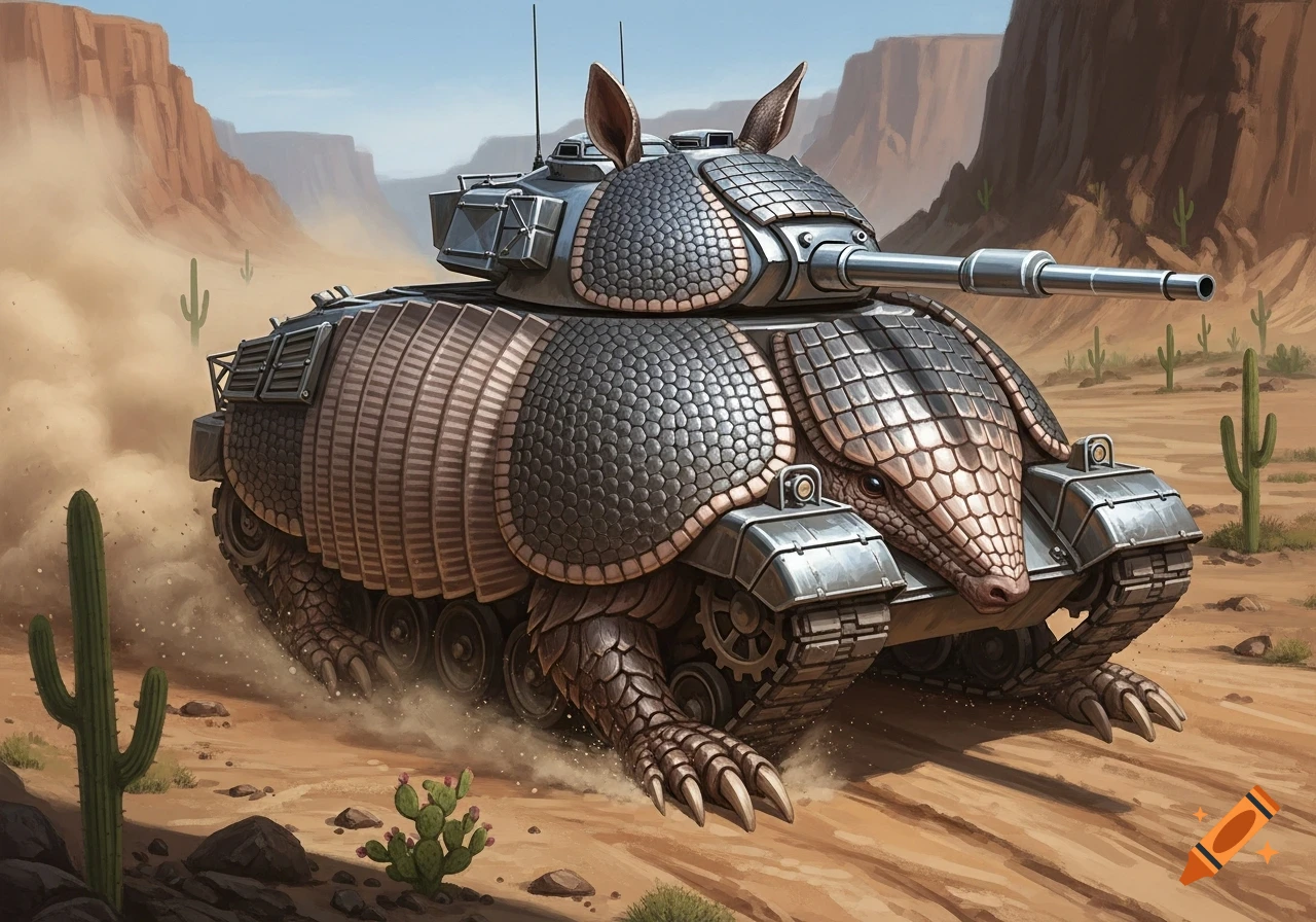 An armored tank with an armadillo shell and head drives through a dusty ...