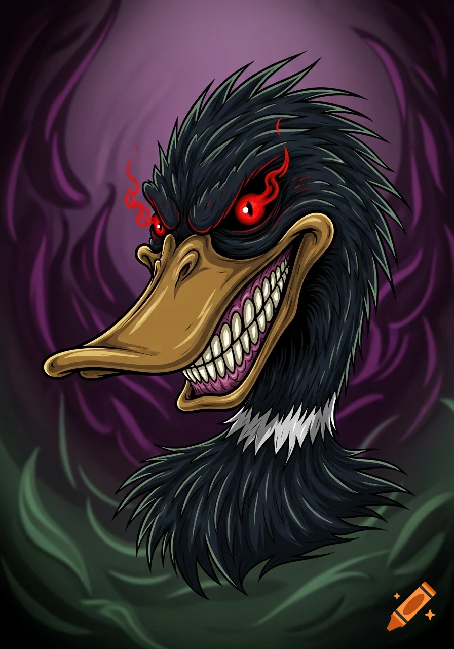 Cartoon head of a scary, demonic black duck with glowing red eyes ...
