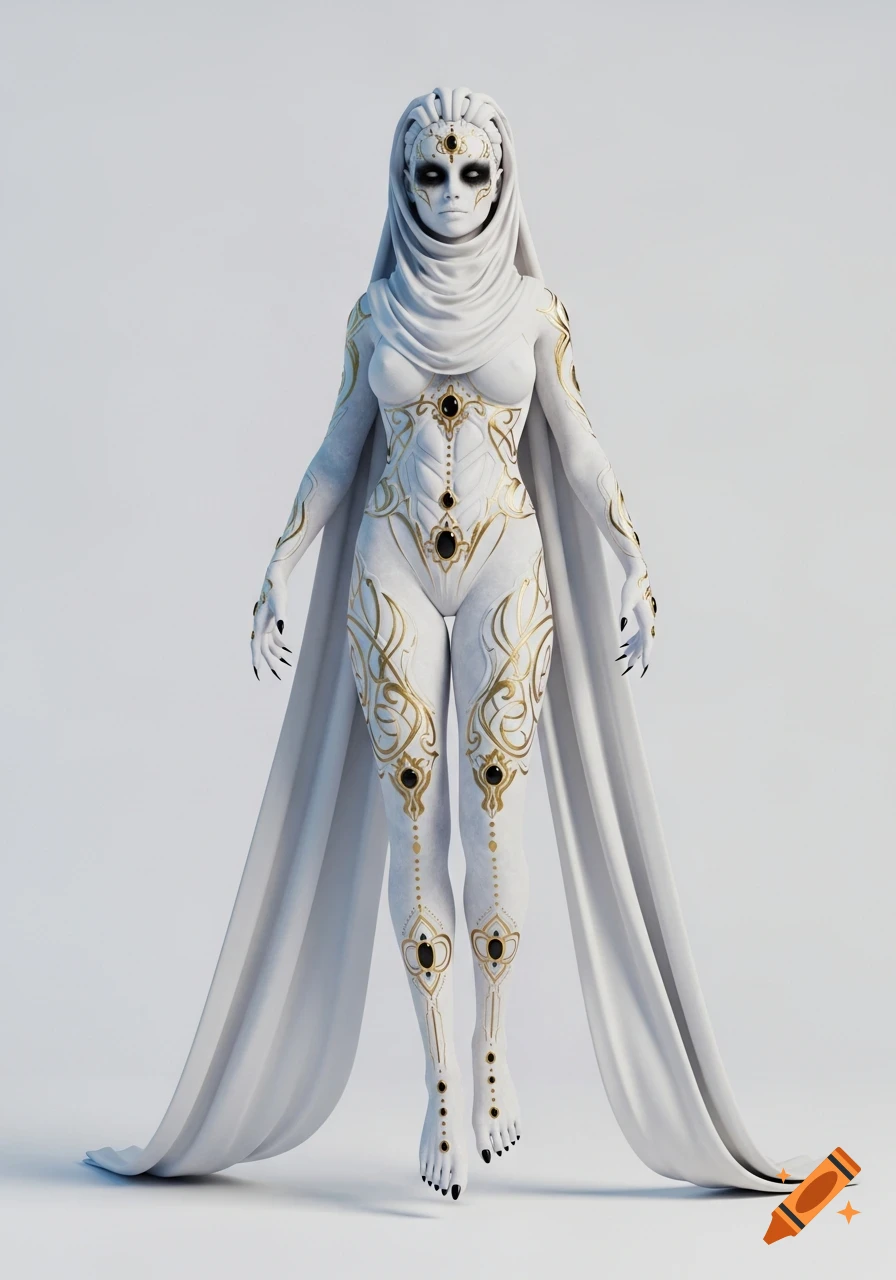 A white ethereal female figure with black eyes, black pointed nails ...