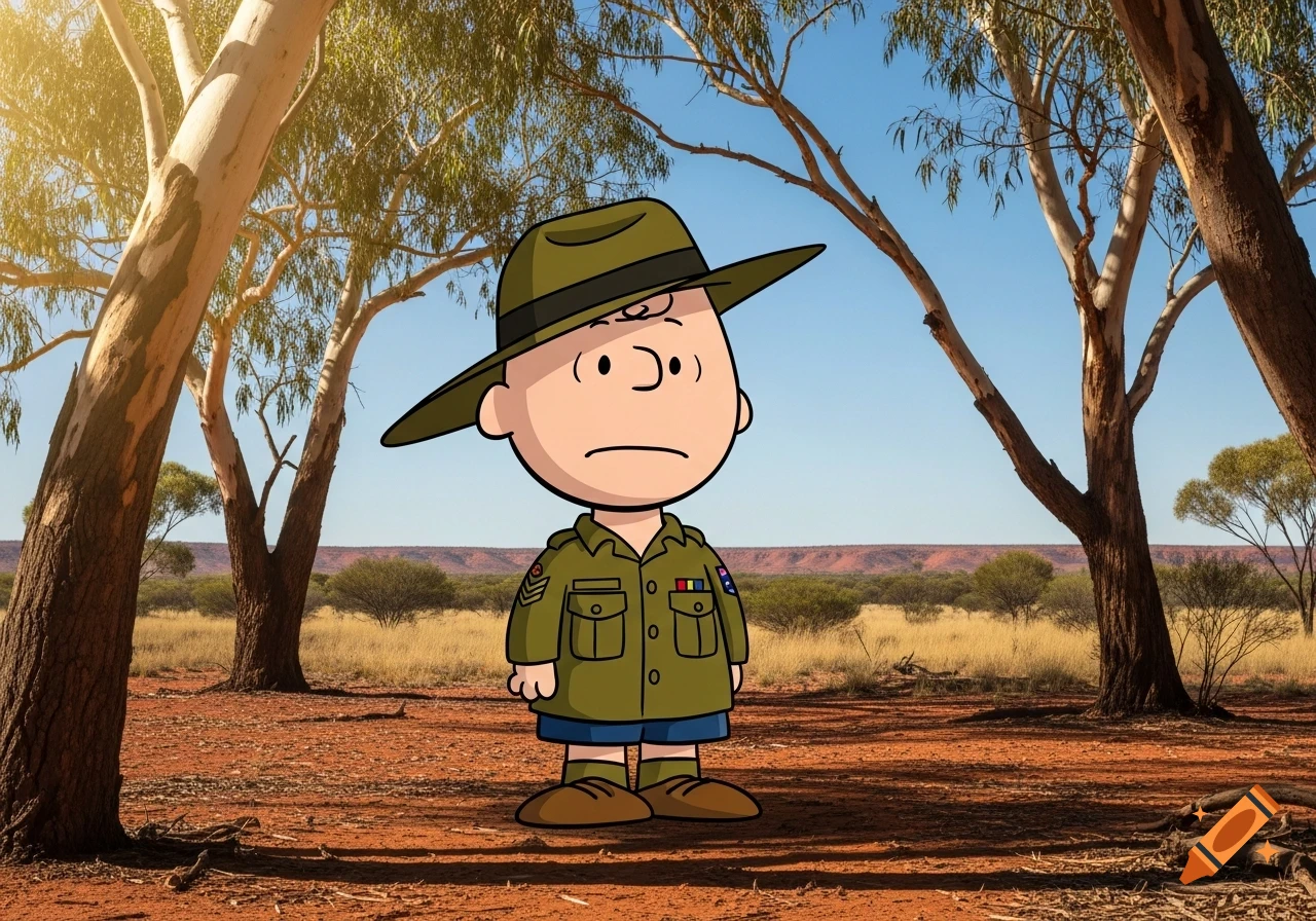 Cartoon Charlie Brown in an Australian army uniform stands in a sunny ...