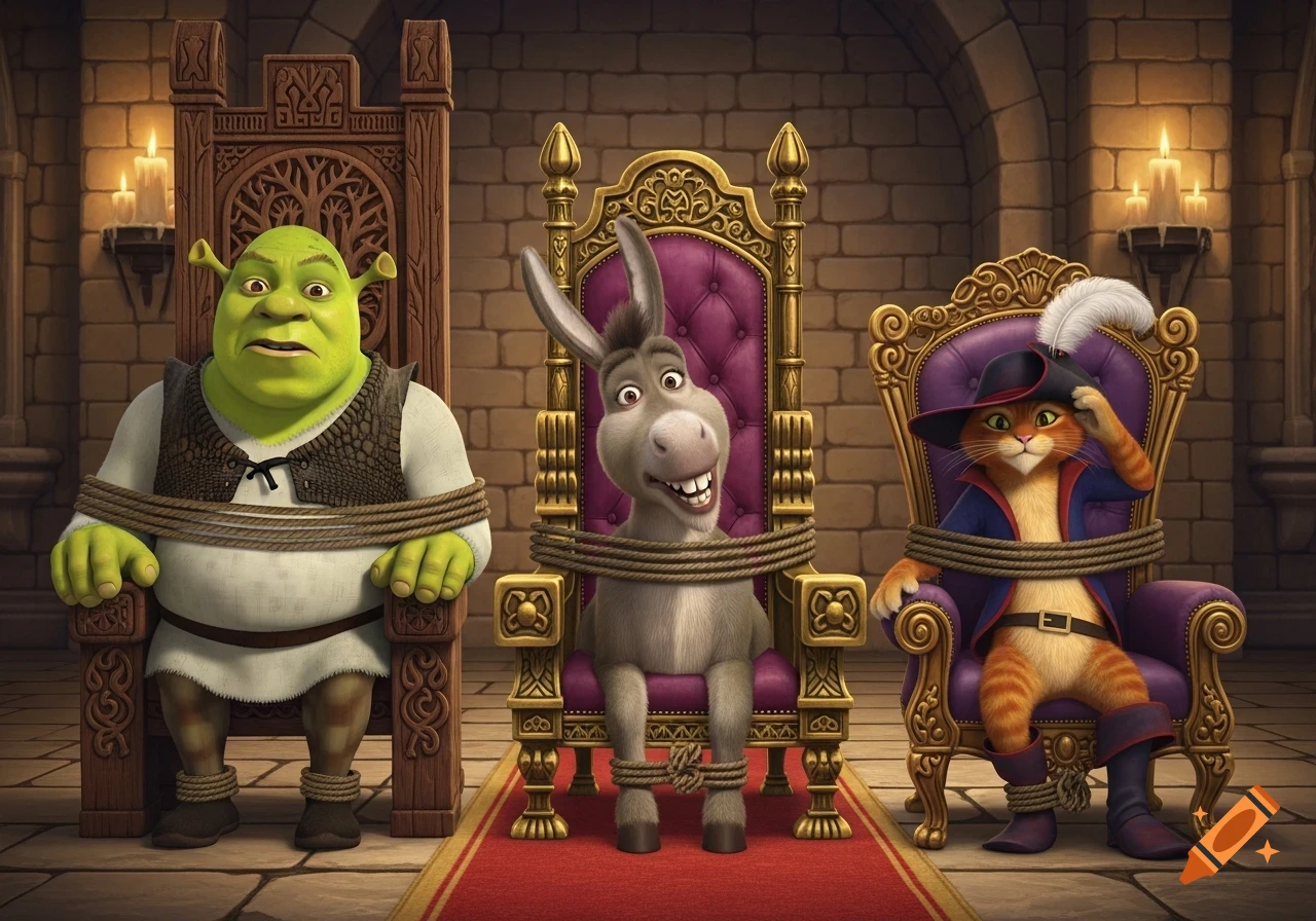 Shrek, Donkey, and Puss in Boots are tied to three ornate chairs in a ...