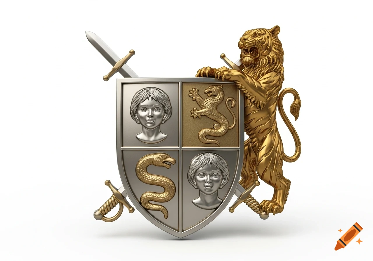 A highly detailed 3D-rendered metallic heraldic coat of arms with a ...
