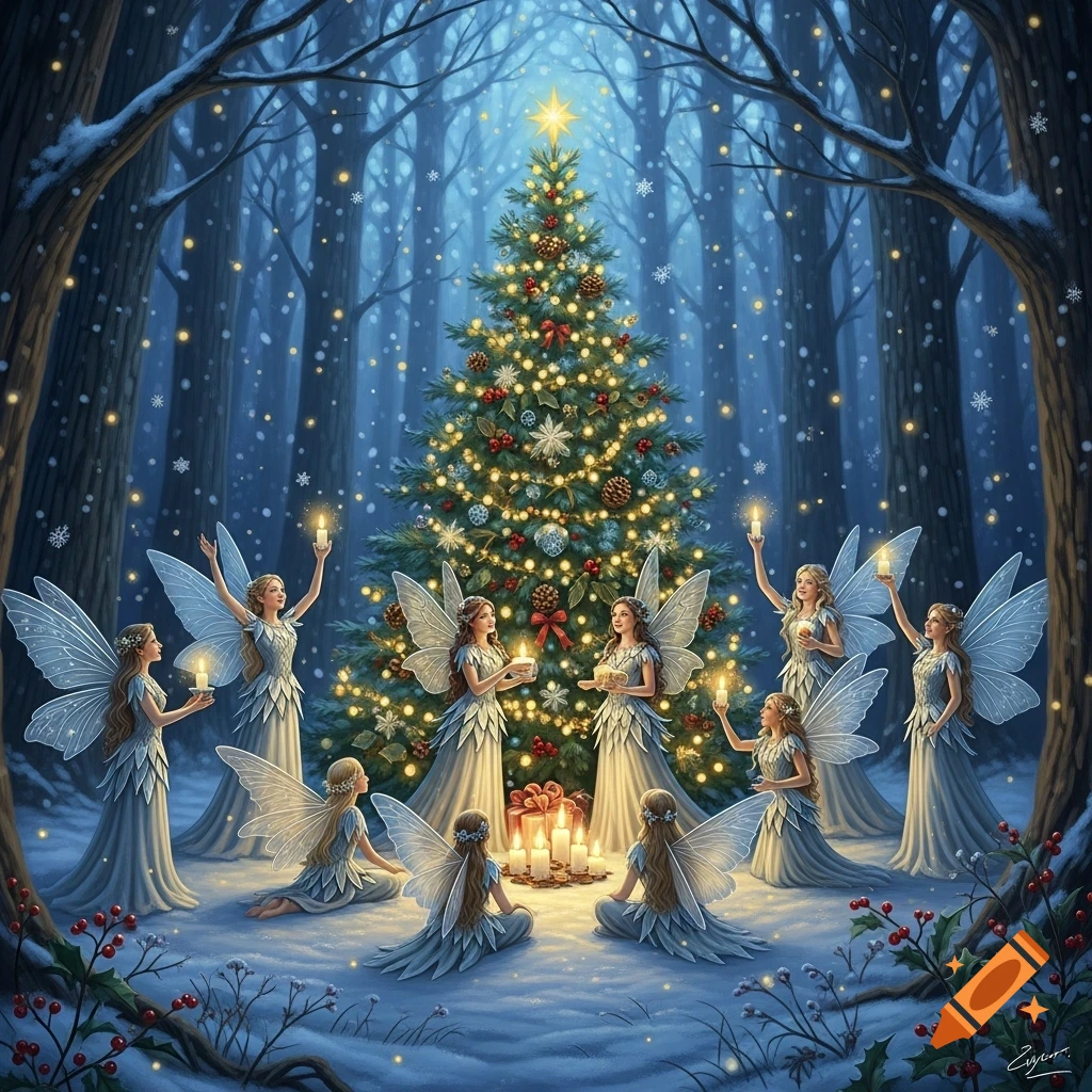 Fairies in an enchanted snowy forest celebrate Christmas around a ...