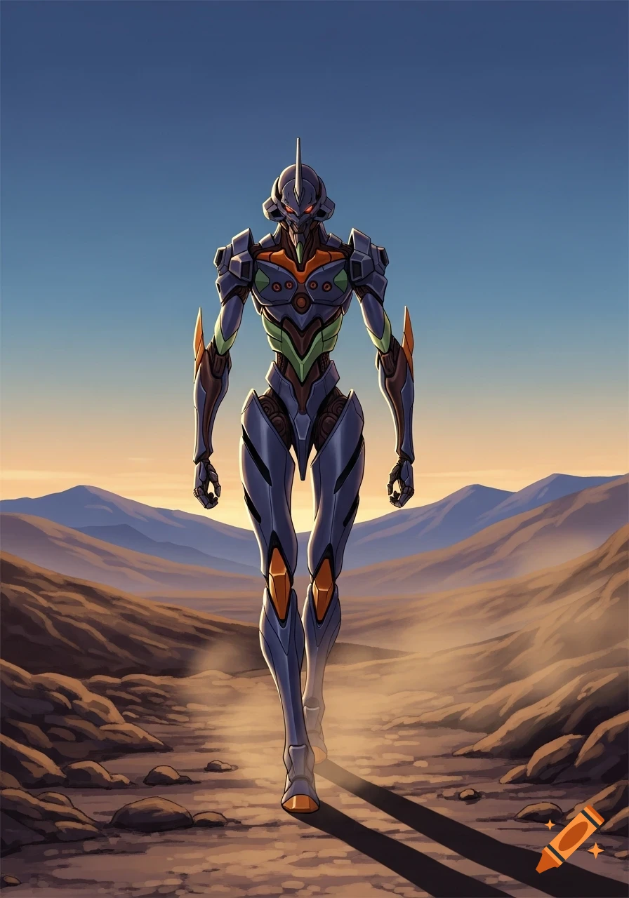 A stylized, slim mech with blue, green, and orange armor walks across a vast desert landscape ...
