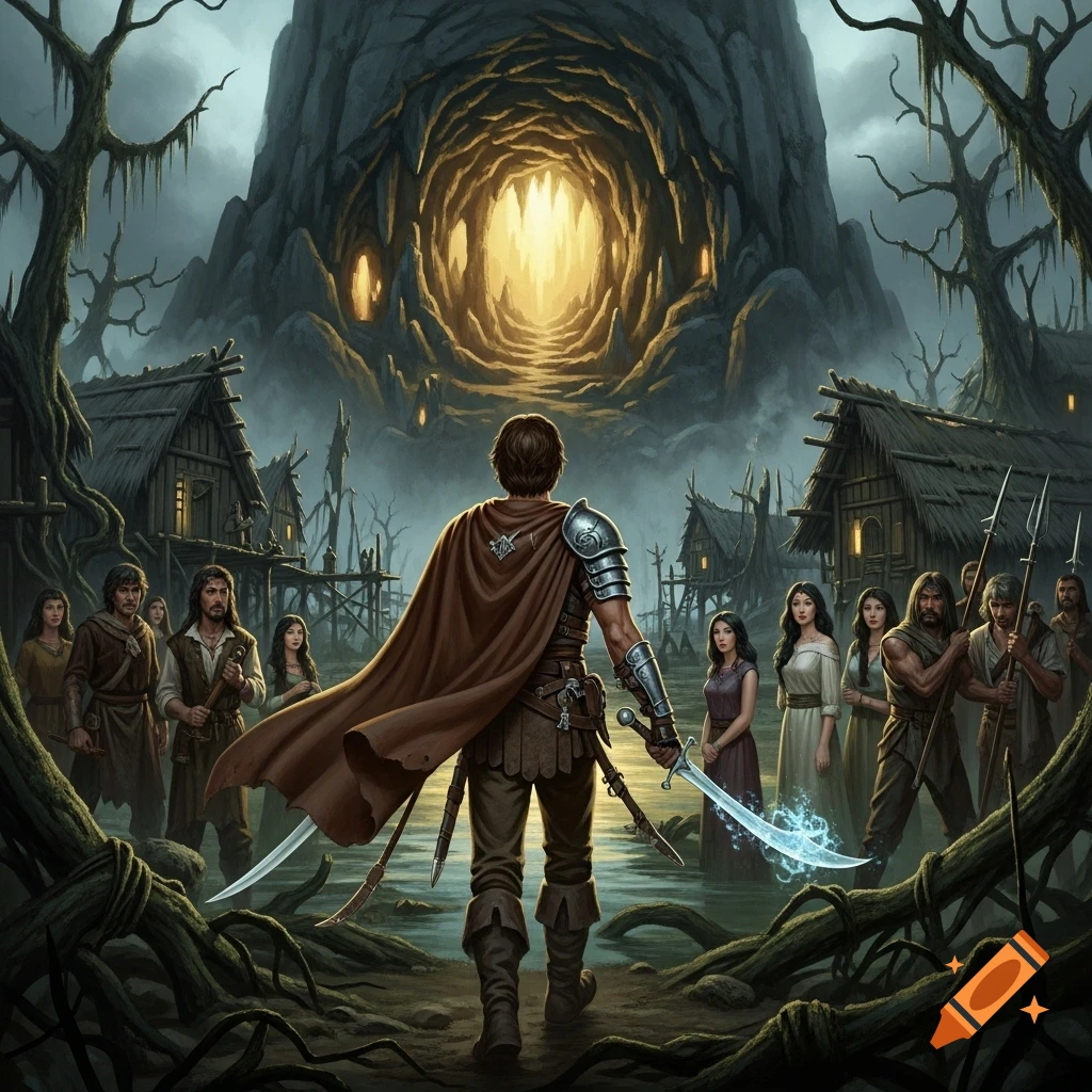 A fantasy hero in armor and a brown cape, wielding a glowing blue sword ...