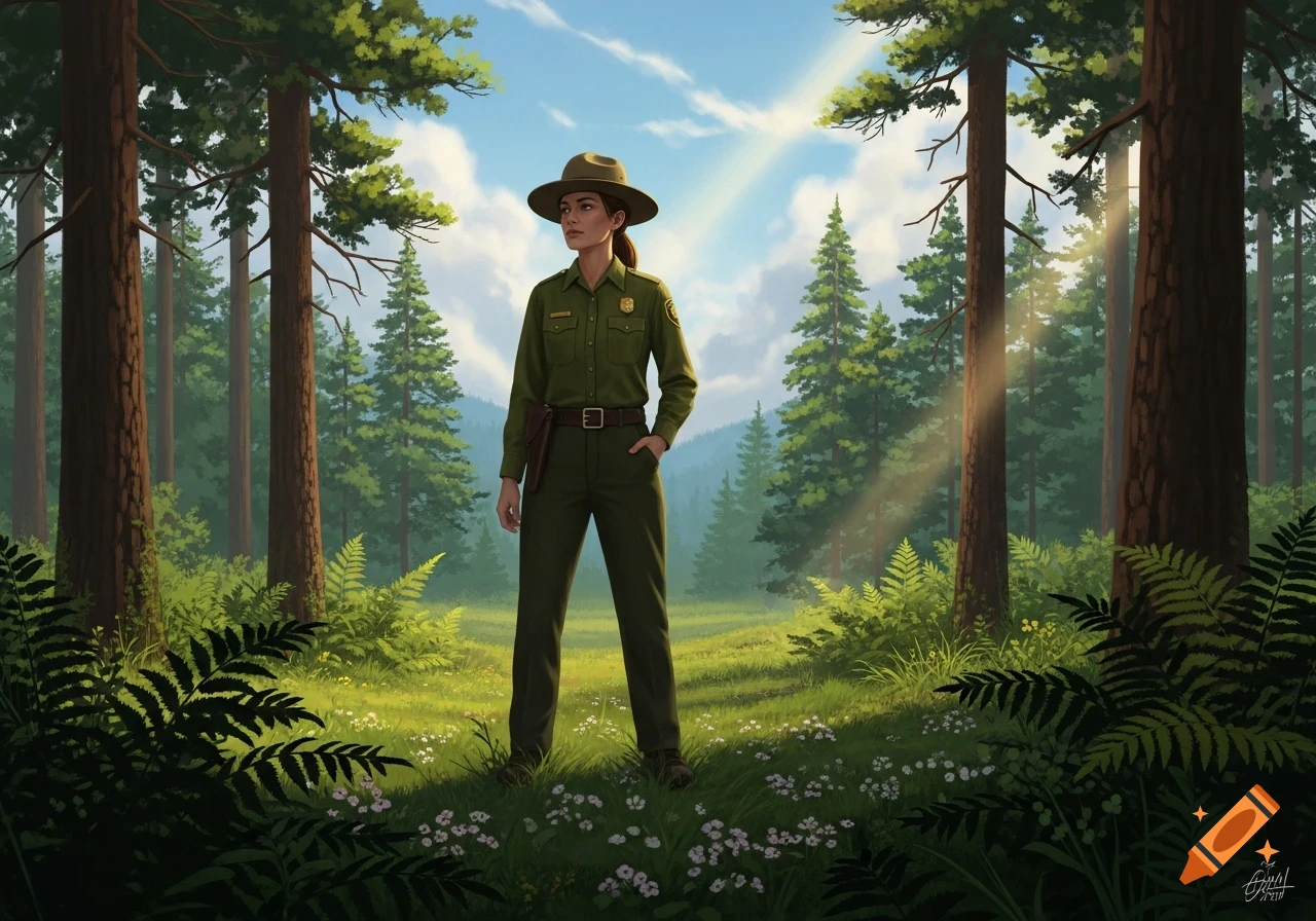 A female forest ranger in a green uniform stands in a sunlit forest ...