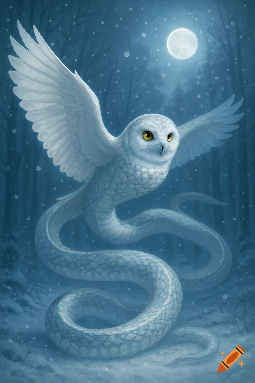 Digital painting of a white snowy owl and python hybrid creature flying ...