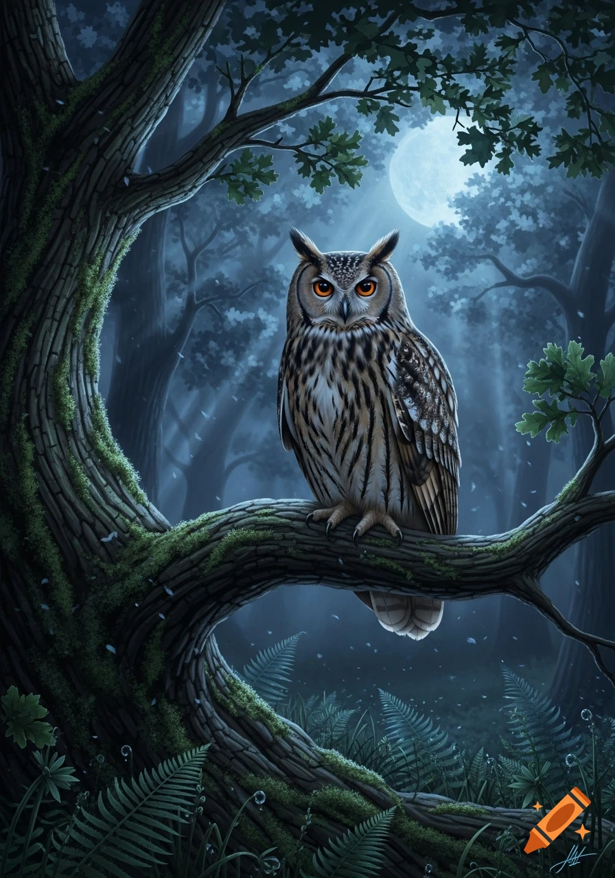 An owl with bright orange eyes perches on a mossy tree branch in a dark ...