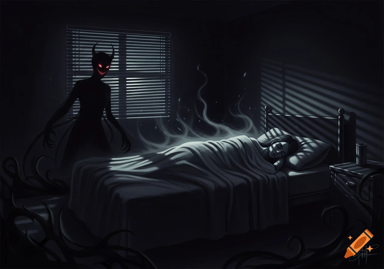 A dark illustration of a person sleeping in a bed, covered by blankets ...