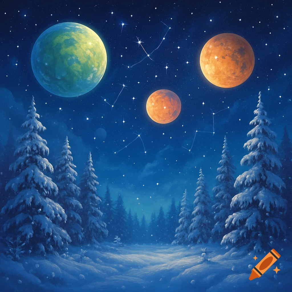 Artistic painting of a snowy winter forest at night under a blue starry ...