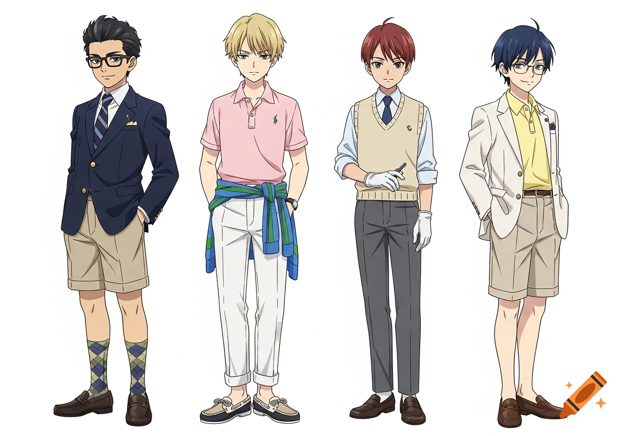 Four anime boys in preppy outfits stand in a row against a white ...