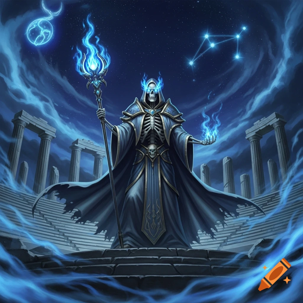 A skeletal lich in dark robes, holding a glowing staff with blue flames ...