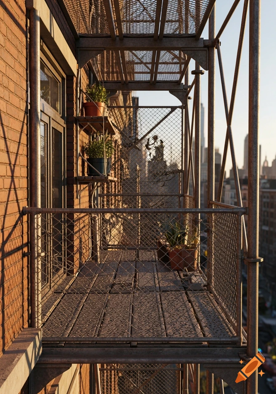 Photorealistic fire escape balcony made of scaffolding and wire mesh ...