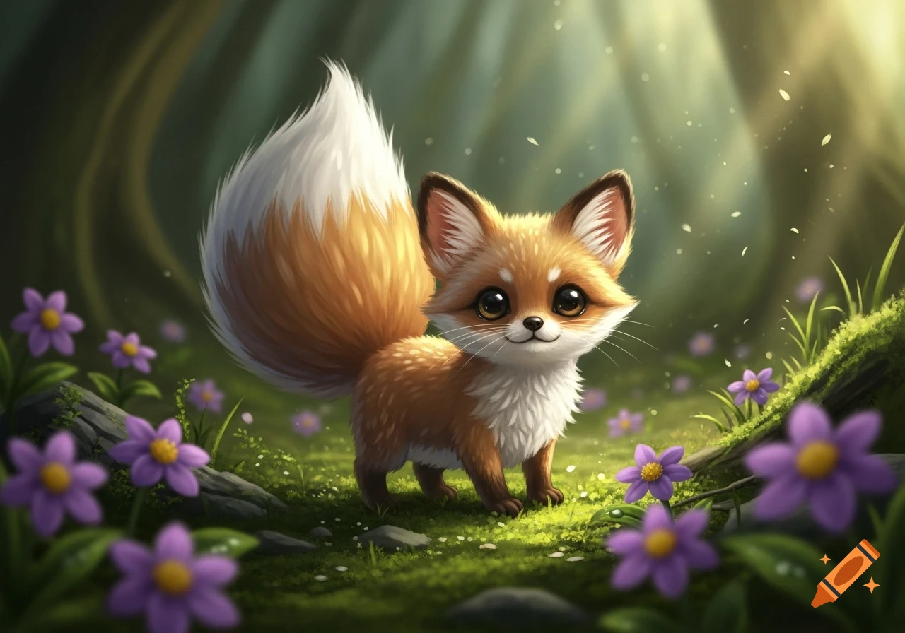 A tiny, cute, stylized caramel and white fox-like creature with a ...