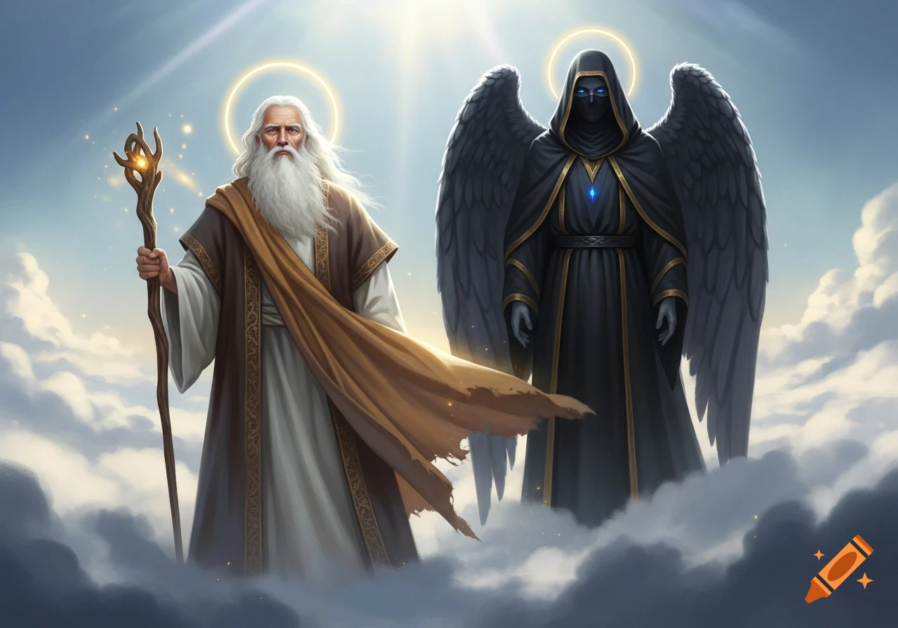 An elderly prophet with a long white beard and staff stands next to a ...