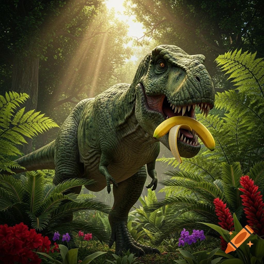 A realistic Tyrannosaurus Rex in a sunlit tropical jungle, holding a ...