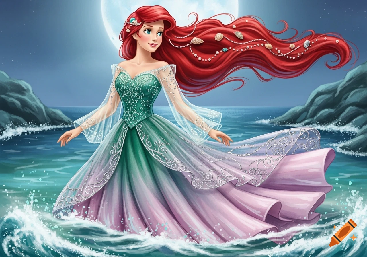 Ariel in an ethereal green and lavender dress stands in moonlit ocean ...