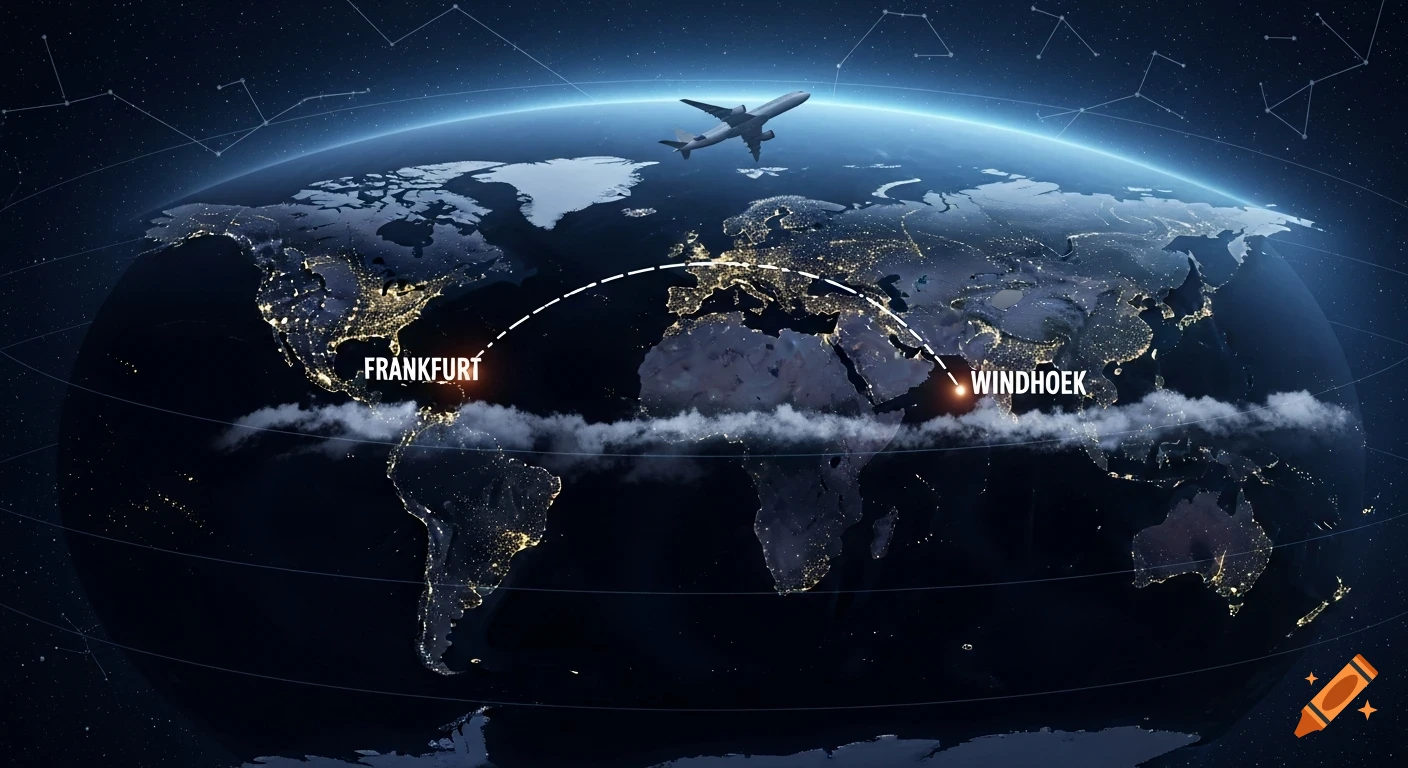 Photorealistic night view of Earth from space, an airplane flying a ...