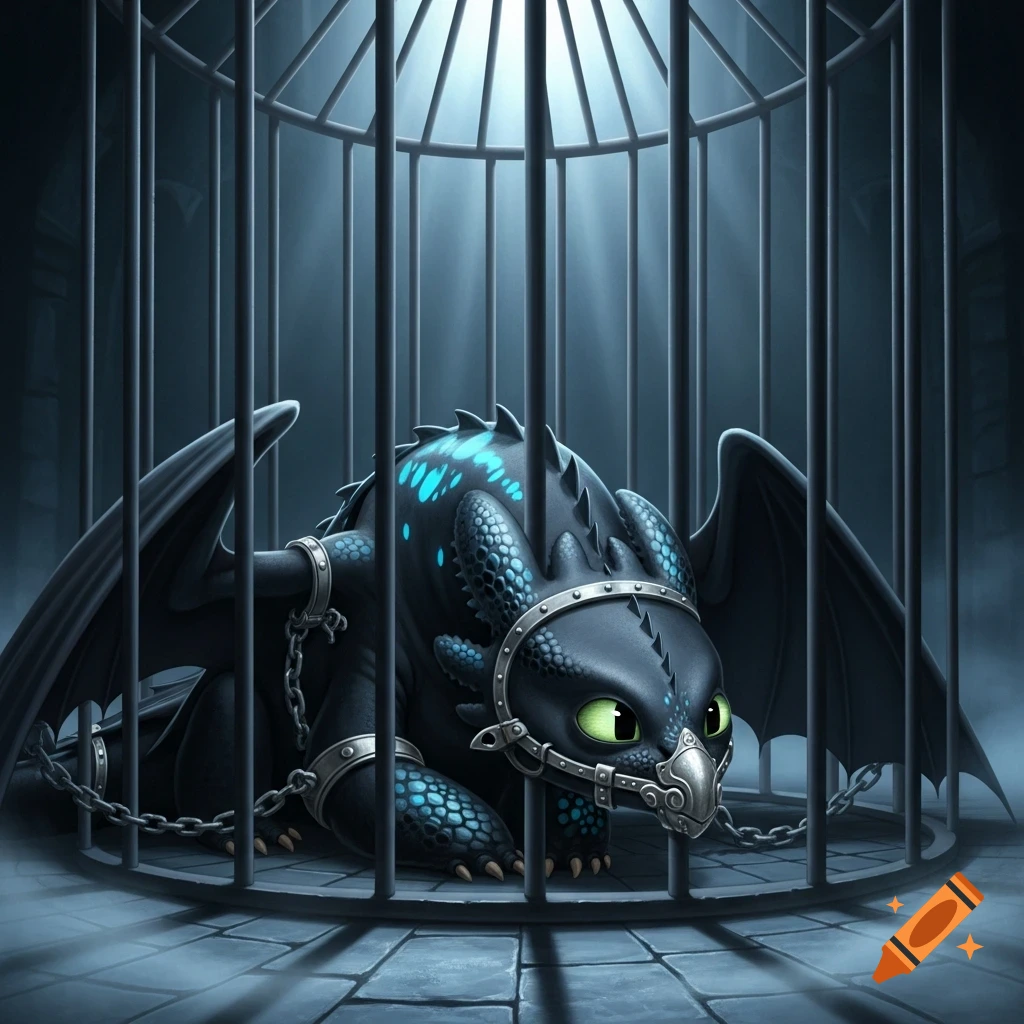 A black Night Fury dragon, muzzled and chained, sits sadly in a dark ...